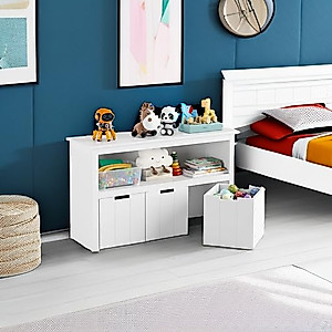 FOTOSOK Toy Storage Cabinet with 3 Movable Drawers, Floor Storage Organizer with Hidden Wheel & Large Open Bookhelf, Organizer Chest for Playroom, White