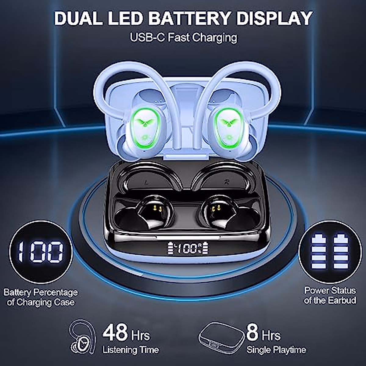 Wireless Earbud Bluetooth 5.3 Headphones Sport Earphones in Ear 48H Playback Stereo Noise Cancelling Earbud with Dual Mic LED Display, Over-Ear Earhooks Ear Buds IP7 Waterproof Headset for Running Gym