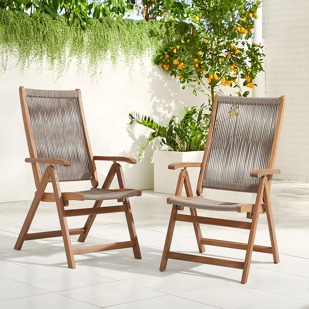 OC Orange-Casual Folding Patio Dining Chair Set of 2, Outdoor Acacia Wooden Rope Reclining Chair w/Armrest, FSC Certified Wood, for Porch, Backyard, Garden, Indoor, Beige