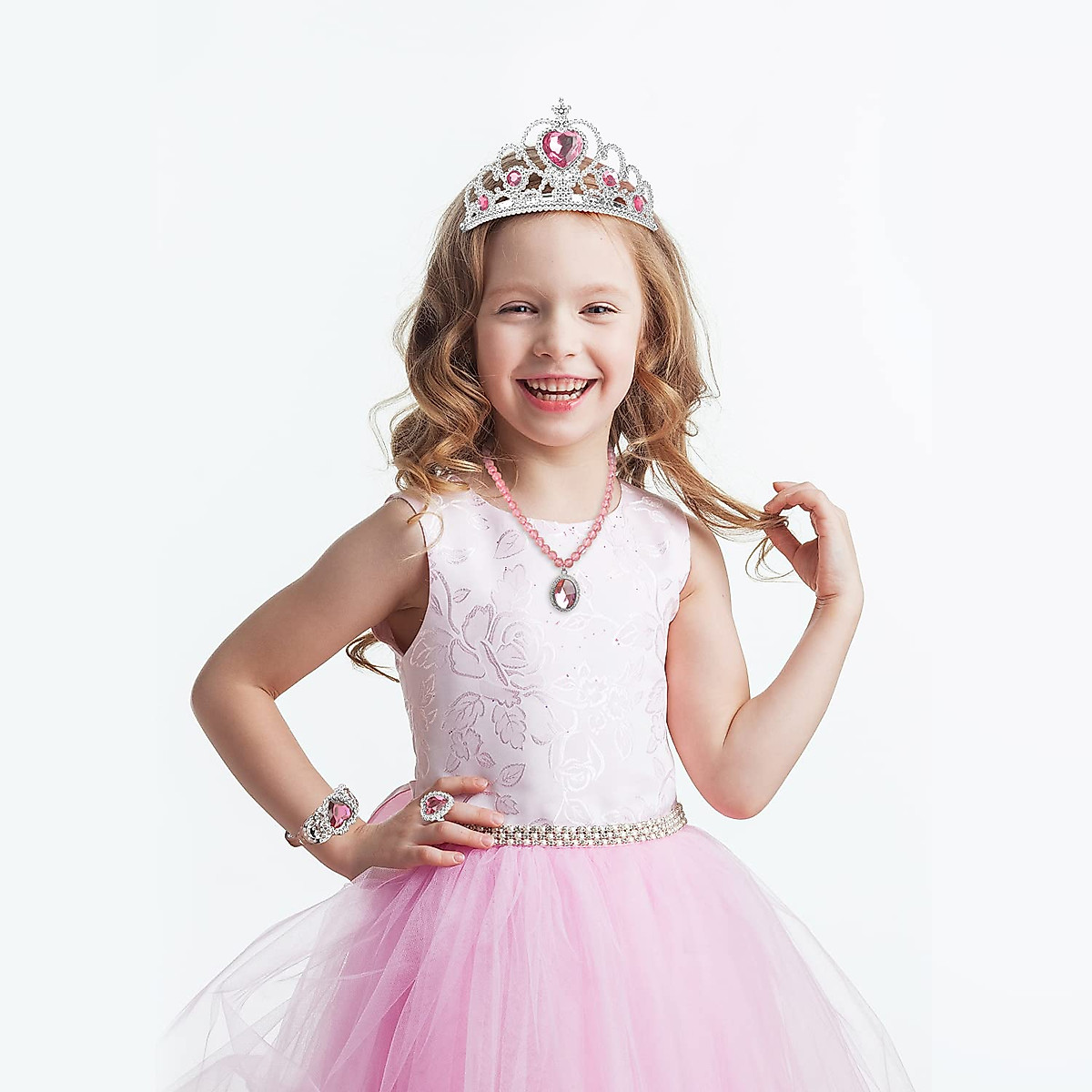 Princess Dress Up Party Accessories for Princess Costume Gloves Tiara Wand Necklace Earrings Bracelet and Ring Gift Set 9pcs (Pink, Set of 7, 9pcs)