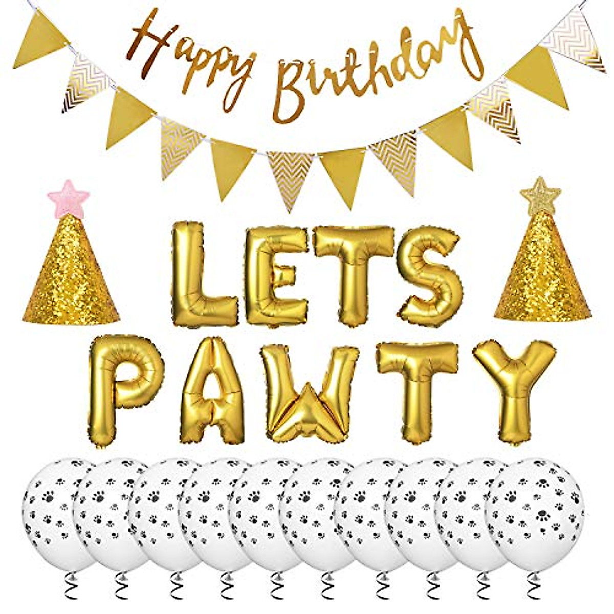 Legendog 23PCS Dog Party Decor Set Fashion Party Banner Cone Hat Party Balloon with Pump (Golden)