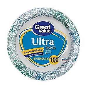 Great Value Ultra Disposable Dinner Paper Plates, 10 1/16", 100 Count