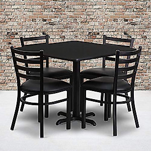 Flash Furniture 36'' Square Black Laminate Table Set with X-Base and 4 Ladder Back Metal Chairs - Black Vinyl Seat