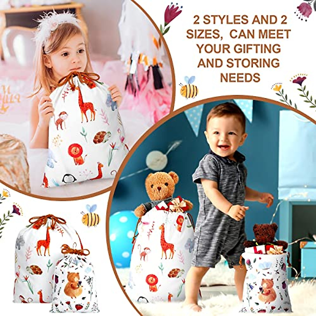 4 Pieces Large Baby Shower Drawstring Gift Bags Reusable Fabric Wrap Woodland Party Favor Bags for Baby Shower Gender Reveal Kids Birthday Supplies, 20.5 x 16.5 Inch, 12.6 x 9.8 Inch (Animal Style)