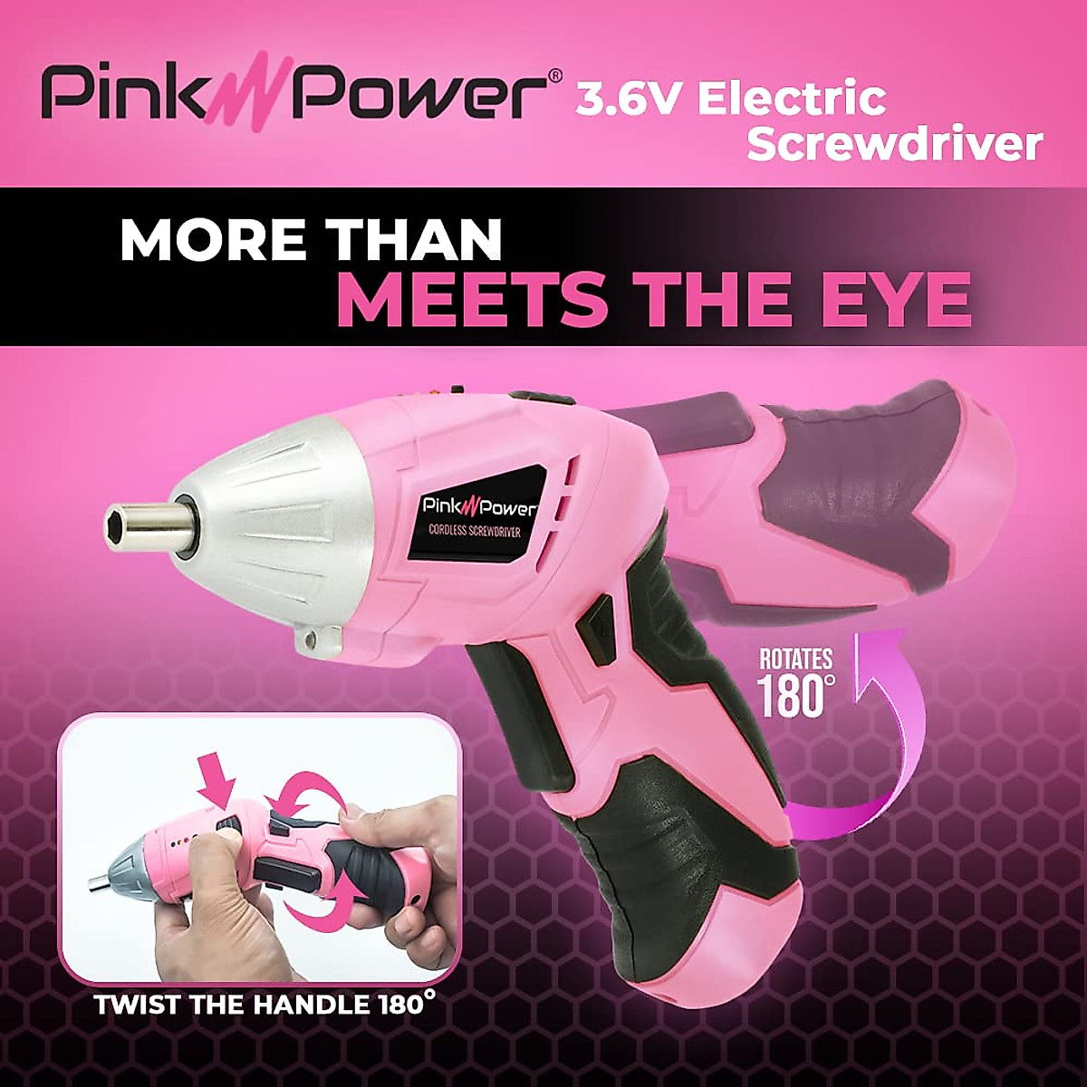 Pink Power Cordless Screwdriver Set - 3.6V Electric Screwdriver Rechargeable Screw Gun Kit - Automatic Mini Pink Drill Set for Women - Portable Small Drill Battery Powered Screwdriver LED Light