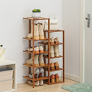 MoNiBloom Shoe Rack for Entryway, Bamboo Vertical Double Row Shoe Storage Space Saving Shoe Organizer for Small Spaces Corner Bedroom (10 Shelves, Brown)