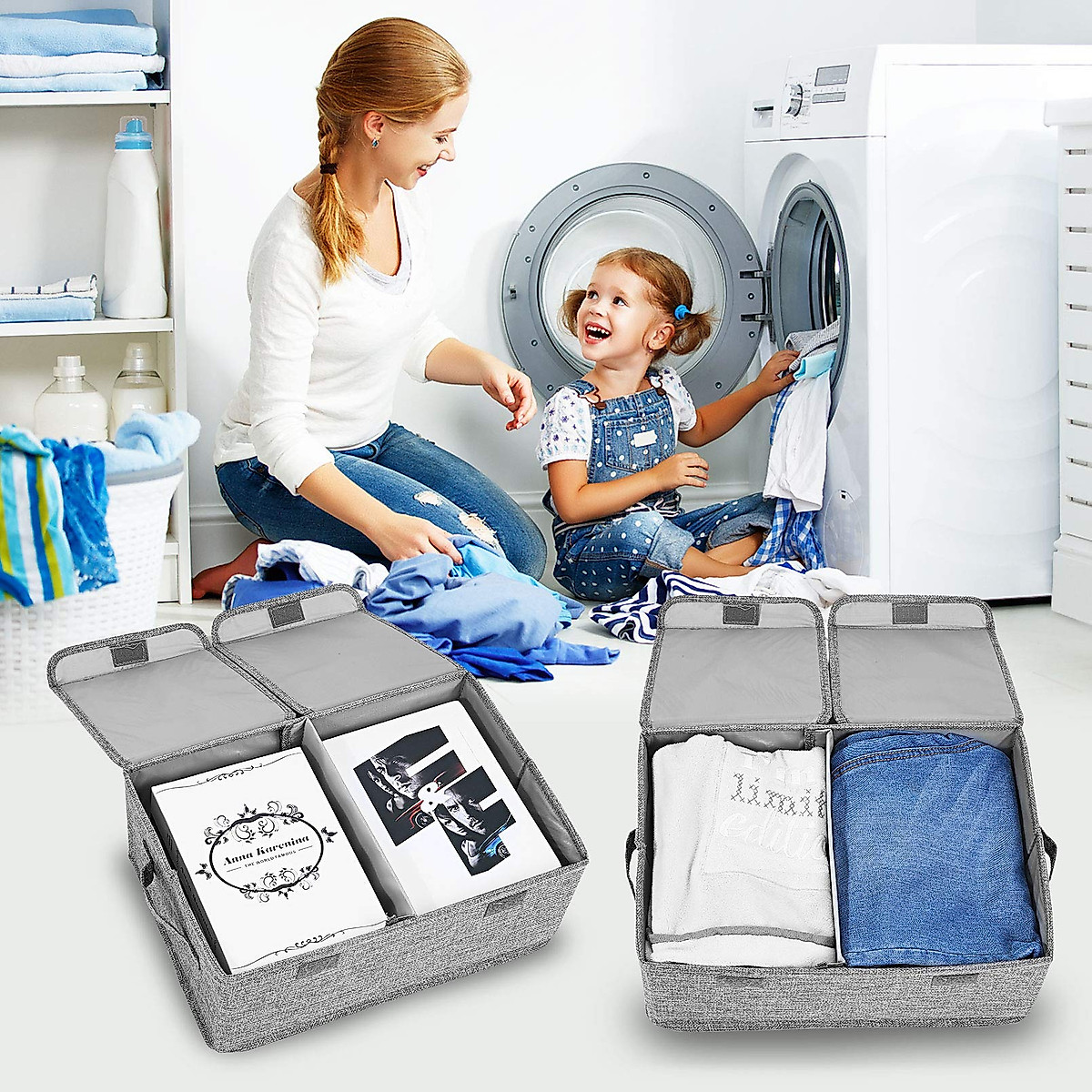 Holulo 2 Pack Fabric Storage Boxes with Removable Divider ,Collapsible Cotton Linen Storage Bins Organizer Containers Baskets Cube with Lids and Handles for Clothes Books Toys Closet Shelves Organiser, Grey