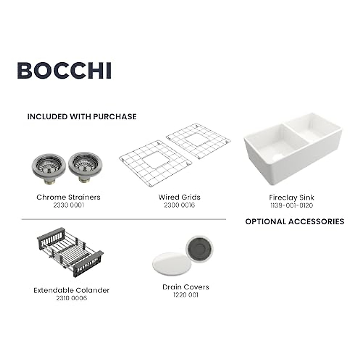 BOCCHI Classico Farmhouse Apron Front Fireclay 33 in. Double Bowl Kitchen Sink with Protective Bottom Grid and Strainer in White