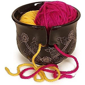 abhandicrafts 7x7" Inch Large Ceramic Yarn Bowl Double Spiral Knitting Bowl for Two Balls of Yarn Beautifully Hand Carved Floral Design by an Indian Artisans - Gifts for Knitters,