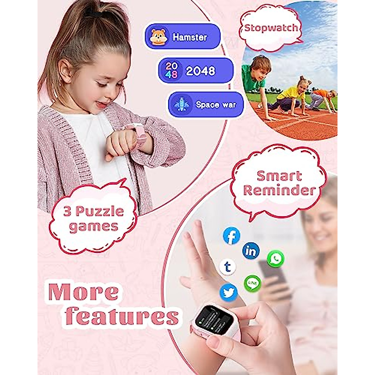 Cloudpoem Smart Watch for Kids Girls Boys, Kids Watch Fitness Tracker Watch with Pedometer Heart Rate Monitor Sleep Tracker Alarm Clocks Puzzle Games Calculator IP68 Waterproof, Kids Gift Pink