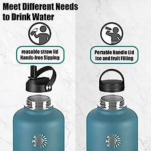 Water Bottle 64 oz with Paracord Handle & Cleaning Brush, Half Gallon Double Wall Vacuum Metal Stainless Steel Insulated Water Flask Jug with 2 Lids and Carrying Pouch, Leakproof and BPA-Free, Black