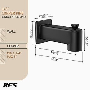 All Metal Tub Spout with Diverter, KES 5-3/8 Inch Bath Tub Faucet Replacement with Stainless Steel Extension Nipple, Black Shower Slip-on Bathtub Faucet for 1/2 Inch Copper Pipe, PTSN300-BK