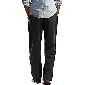 perdontoo Mens Casual Cotton Linen Pants Elastic Waist Drawstring Straight Summer Beach Pants (Small, Black)