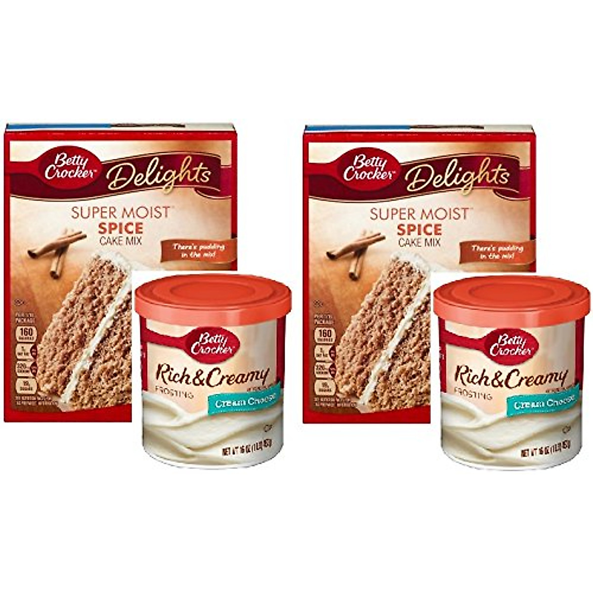 Betty Crocker Super Moist Spice Cake Mix and Betty Crocker Rich and Creamy Cream Cheese Frosting Bundle - 2 of Each - 4 Items. "There's Pudding in the mix!" Cake Mix
