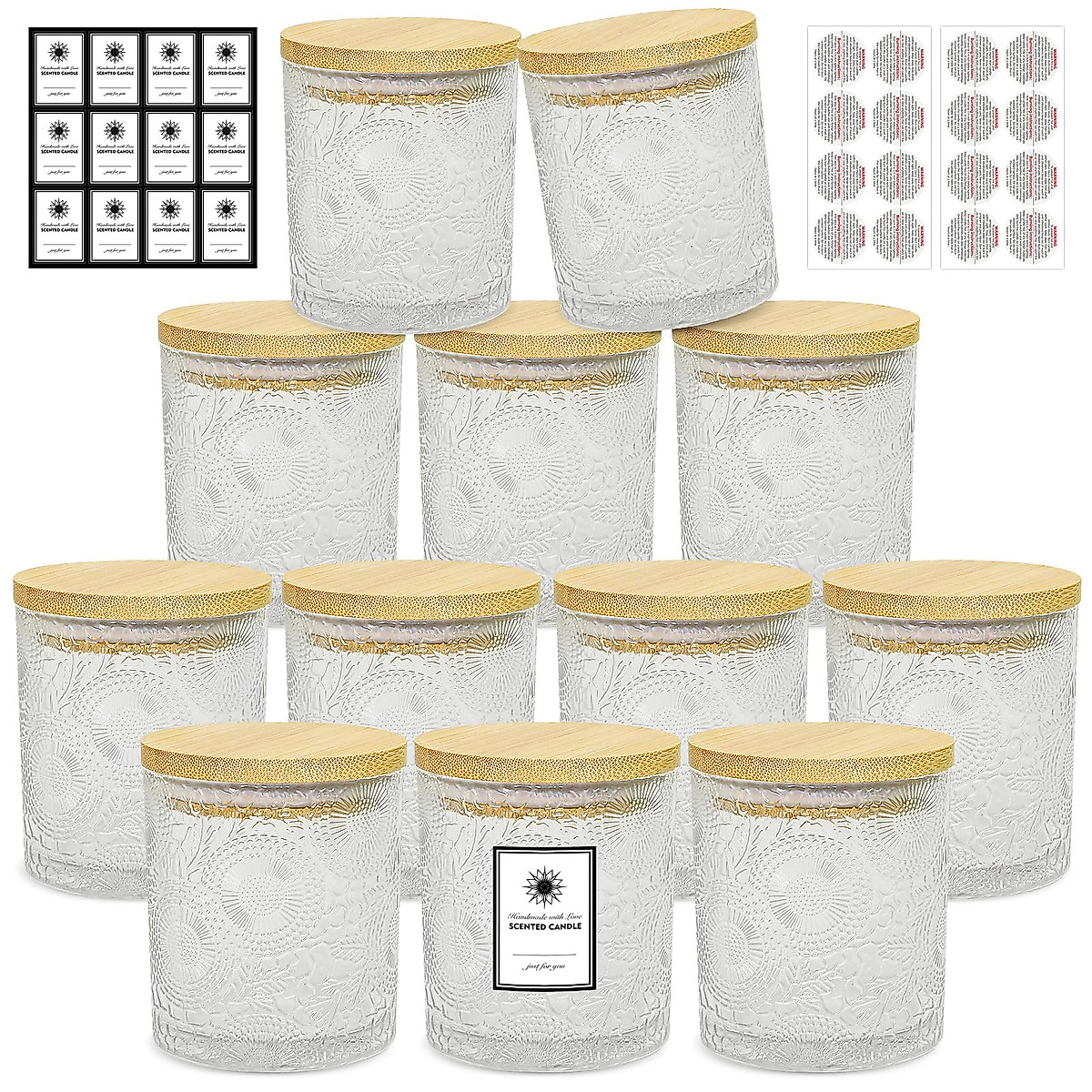 SUPMIND 8oz Embossed Candle Jars for Making Candles, 12 Pack Luxury Clear Candle Jars Bulk Empty Glass Candle Containers with Bamboo Lids, Stickers Labels - Dishwasher Safe