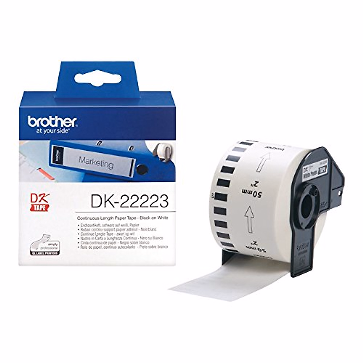 Brother DK-22223 Label Roll, Continuous Length Paper, Black on White, Single Label Roll, 50 mm (W) x 30.48M (L), Brother Genuine Supplies