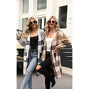 ECOWISH Women Jacket Flannel Coat - Fall Plaid Shacket Long Sleeve Button Trench Cardigan Outfits Casual Outwear Black White Medium