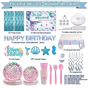 UJoyant 299 Pcs Mermaid Birthday Decorations, Mermaid Party Decorations Kit - Disposable Dinnerware Set with 25 Guests, Backdrop, Balloon, Banner, Tablecloth, Knives, Forks, Spoons, CakeTopper