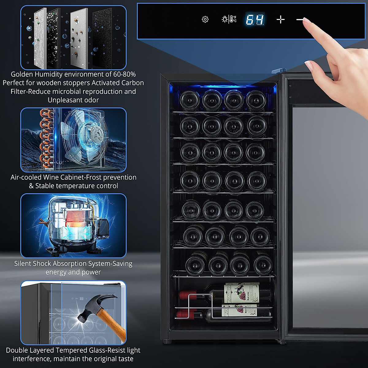 Takywep 32 Bottles Compressor Wine Cooler Refrigerator - 41℉-64℉ Freestanding Wine Cellar, Compact Design, Single Glass Door, Digital LED Touch Control, For Red, White, Champagne or Sparkling Wine