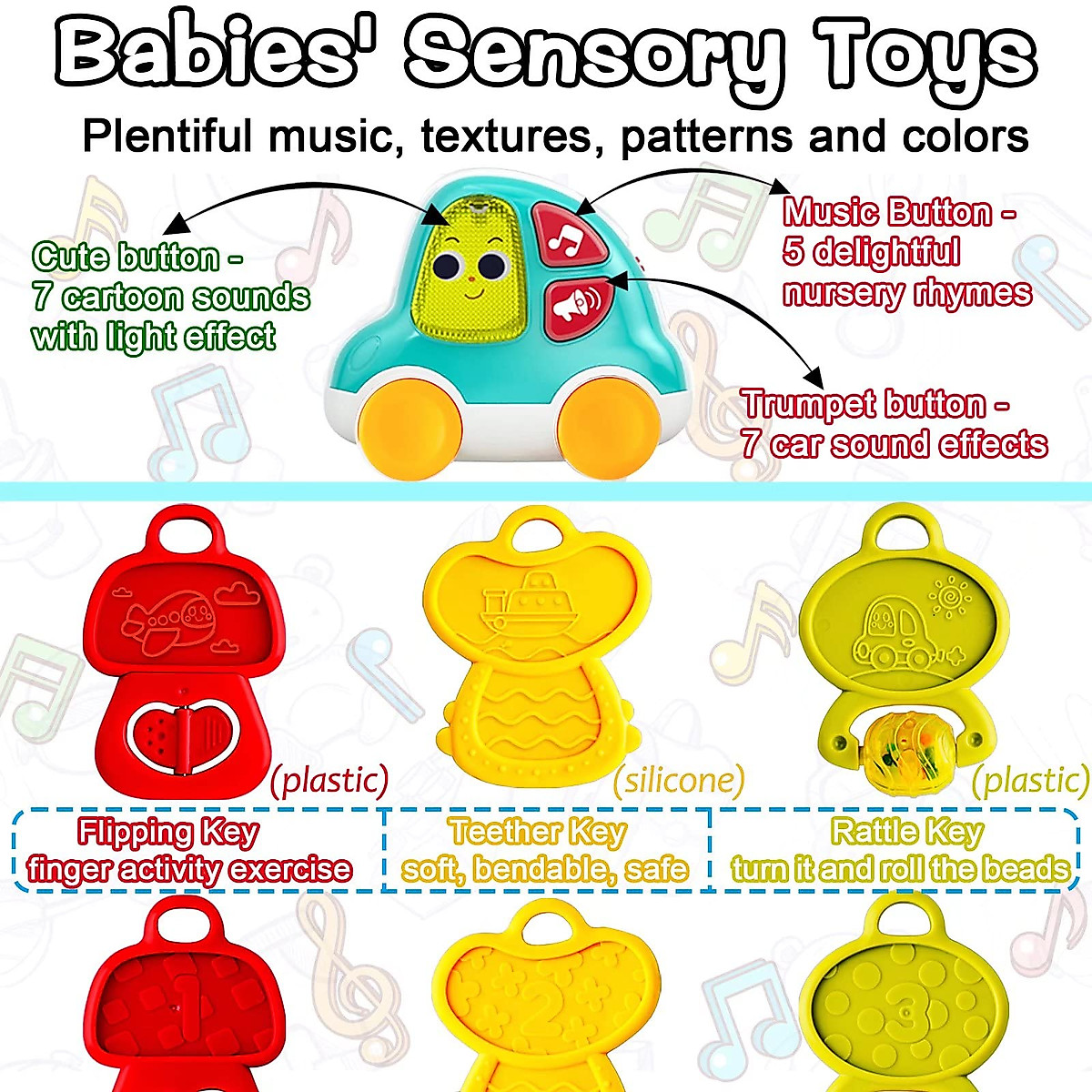 Baby Toys 9-12 Months Baby Musical Toys Rattle Infant Toy for Toddler My First Car Keychain Light up Teething Toy for Baby Keys Baby Interactive Pretend Play Toy Kids Tactile Sensory Toy Gift for Baby