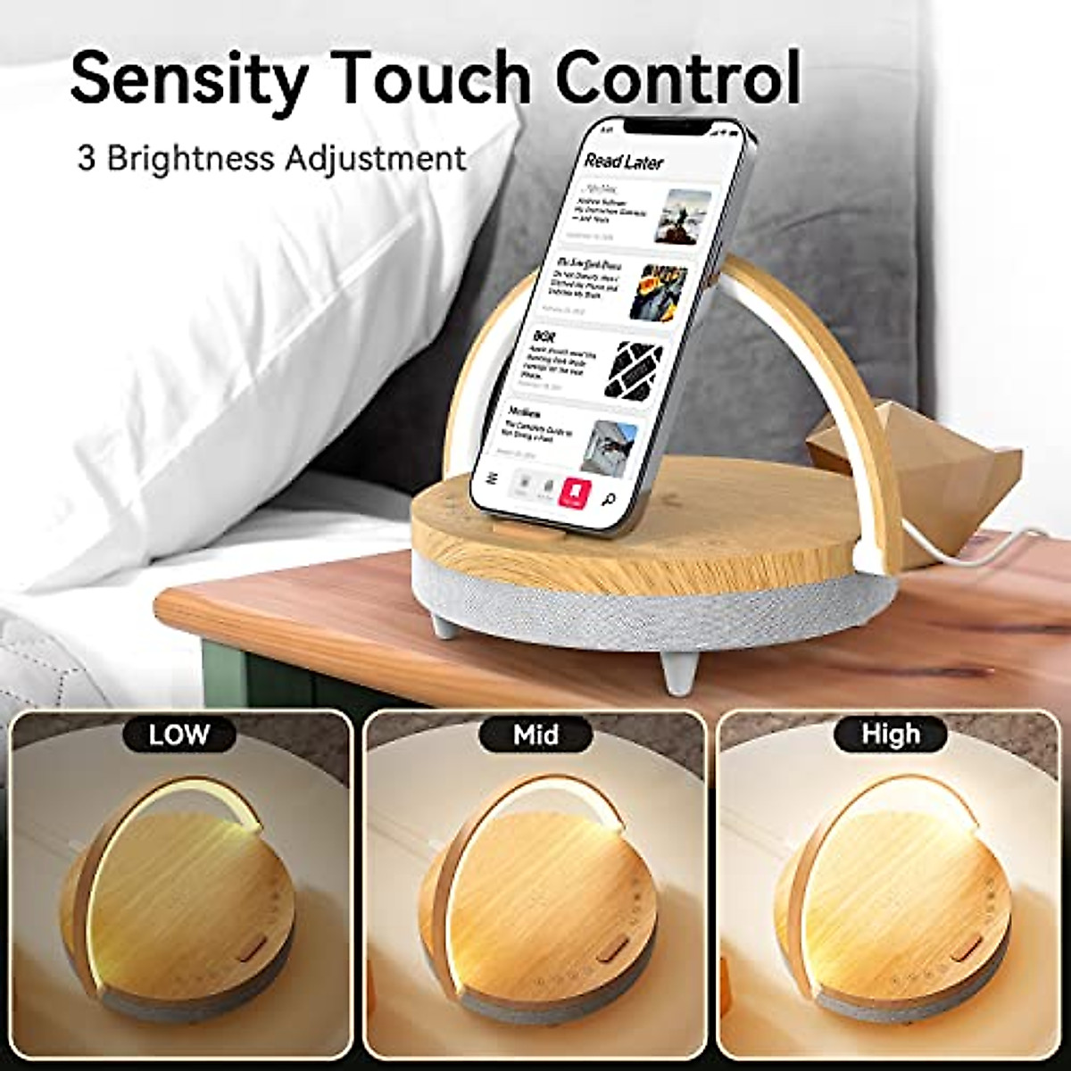 Vivilumens Bedside Lamps with Wireless Charger for Bedroom, Touch Modern 3 Level Dimmable Table Lamp with White Noise Sound Machine, Bluetooth Speaker, Birthday Gifts for Women Who Have Everything