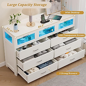 Whalefall White Dresser for Bedroom with 9 Drawers, Chests of Drawers with LED Lights and Charging Station, Modern Dresser with 3 Visual Drawers, Wood Wide LED Dresser for Bedroom, Closet,Entryway