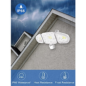 CLY 42W LED Security Lights Motion Sensor Light, 3600LM 5000K, IP66 Waterproof Outdoor Flood Lights, Adjustable Brightness 3 Head Floodlight Remote Control 4 Modes for Garage Yard Eave -White