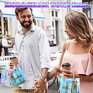 Sherr 16 Pcs Holographic Small Gift Bag Reusable Iridescent Clear Bags for Women PVC Plastic Goodie Bags with Handles for Shopping Christmas Holiday Gift Party Favor(Rainbow, 7.87" x 7.87" x 3.15")