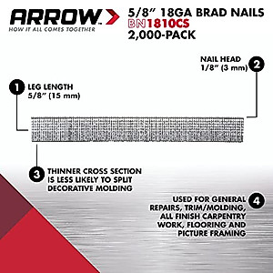 Arrow BN1810CS 18-Gauge Steel Brad Nails for Molding, Cabinets, Framing, Trim, and Finishing, Safe to Use with Electric or Battery Powered Nailers, Steel, 5/8 Inch, 1000 Pack