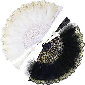 2 Pieces Feather Hand Fan Embroidered Flower Marabou Feather Fan 1920s Feather Fan Hand Fan Folding Hand Fan Drag Queen Fan for 20s Women Costume Party Dancing Photoshoot Wedding Decor (White, Black)