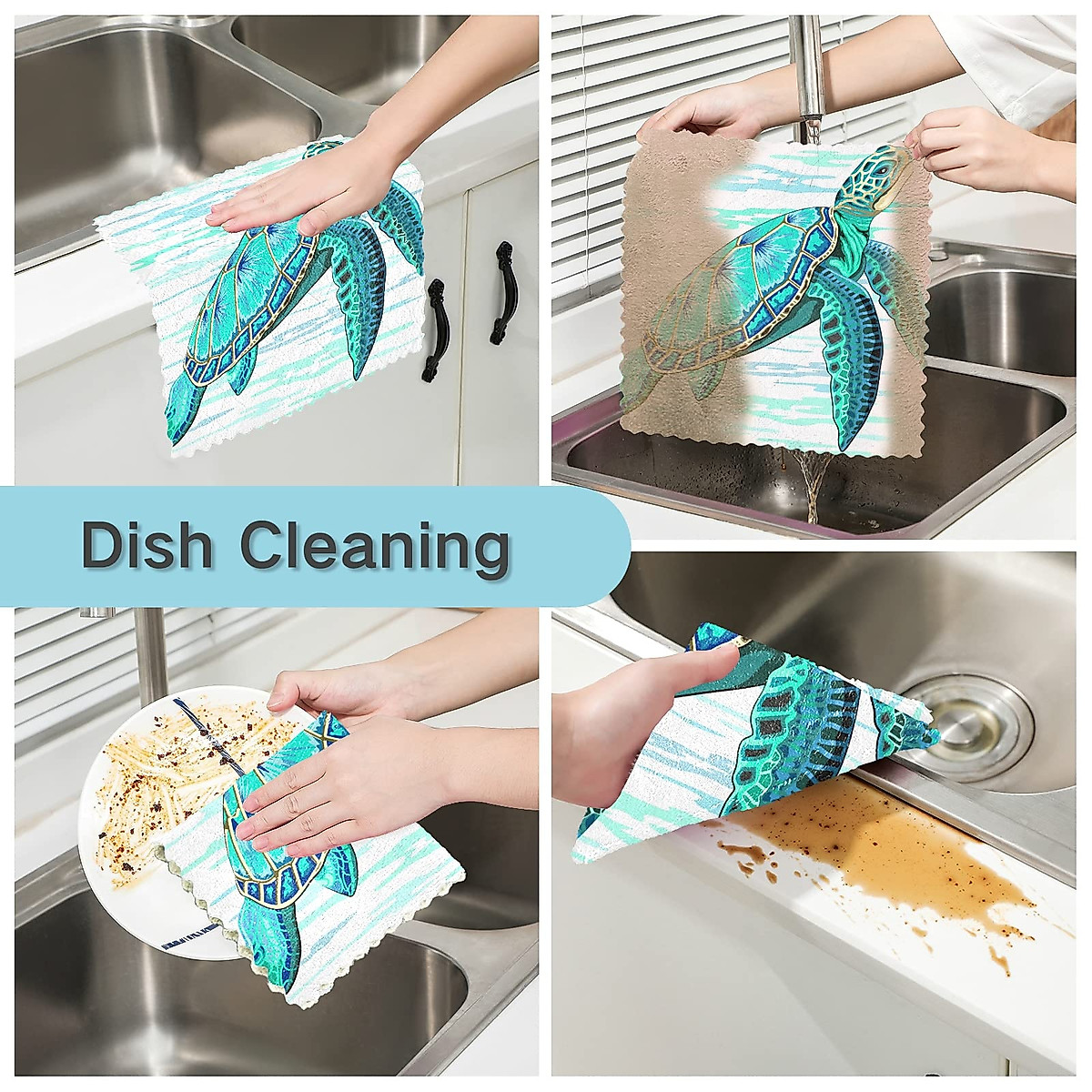 Sea Turtle Turquoise Teal Kitchen Dish Cloths Ocean Sea Life Marine Microfiber Cleaning Towels Absorbent Dishcloths Fast Drying Washcloths for Car Window Bathroom 11x11 inch Pack of 6