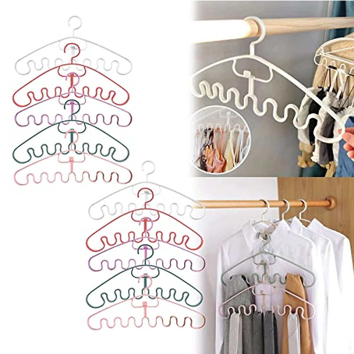 Wave Pattern Stackable Hangers 8 Slots, 5/10pcs Multifunctional Magic Wave Pattern Plastic Hangers, Smart Closet Organizer Hangers Space Saver for Tank Top Bra Hangers in Bulk (5,White)