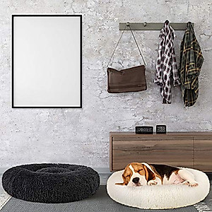 Round Cat Bed Donut Dog Bed, Washable Cuddler Pet Cushion Faux Shag Fur Cat Cot with Bolster and Anti-Slip Base, Self-Warming Plush Cat Den for Kitten, Puppies, Small Medium Size Below 20 Lbs White