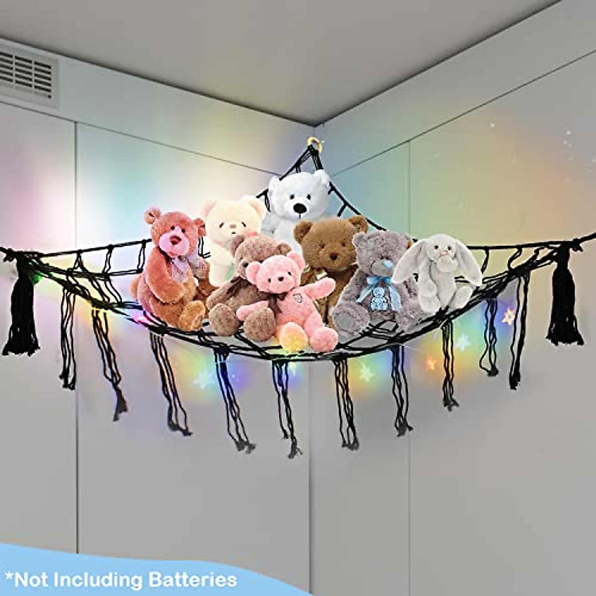 Stuffed Animal Net Or Hammock With Led Light, Animal Hammock Corner Holder, Toy Plush Net Wall Hanging Net Storage Ideas Organizer, For Nursery Play Room Kids Bedroom (Black)