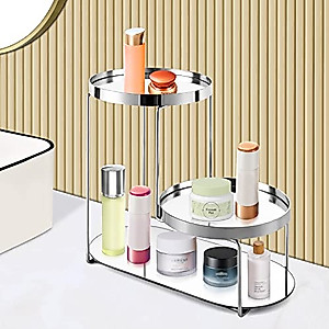 Bathroom Counter Organizer 3 Tier Makeup Shelf Organizer Vanity Organizer Cosmetic Storage Metal Display Rack with Glass Trays Home Storage Holder for Bathroom Kitchen Bedroom (Silver)