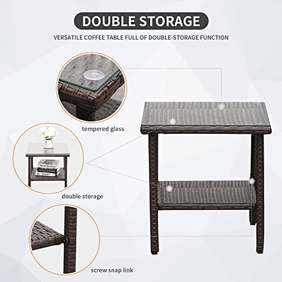 Outdoor PE Wicker Rocking Chair 3-Piece Patio Rattan Bistro Set 2 Rocker Armchair and Glass Coffee Side Table Furniture, Washable Lacing Cushion (Turquoise)