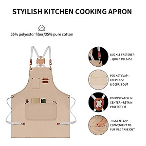 Aprons for Men Women With Pockets, Adjustable Cross Back Cooking Kitchen Apron - beige -