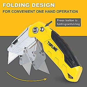 TOPLINE 2-Pack Utility Knife, Retractable Box Cutter and Folding Pocket Knife, Blade Storage Design, 18-Piece SK5 Blades and a Dispenser Included (Yellow)