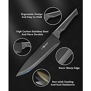 knife set, Dishwasher Safe Kitchen Knife Set with Block, 15 Pcs Black knife sets for kitchen with block Self Sharpening, 6 Steak Knives, Anti-slip handle, Black
