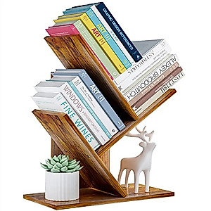 R RUISHENG Wood Tree Bookshelf, 3 Shelves Display Bookcase for Books/Magazines/CDs, Desk Standing Book Shelves Organizer for Office, Bedroom, Living Room