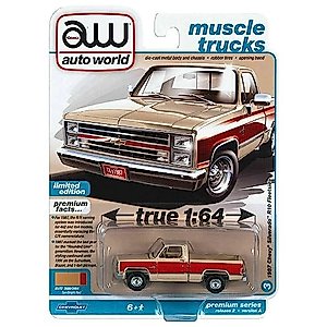 1987 Chevy Silverado R10 Fleetside Pickup Truck Tan & Bright Red Muscle Trucks Limited Edition 1/64 Diecast Model Car by Auto World 64362-AWSP101 A