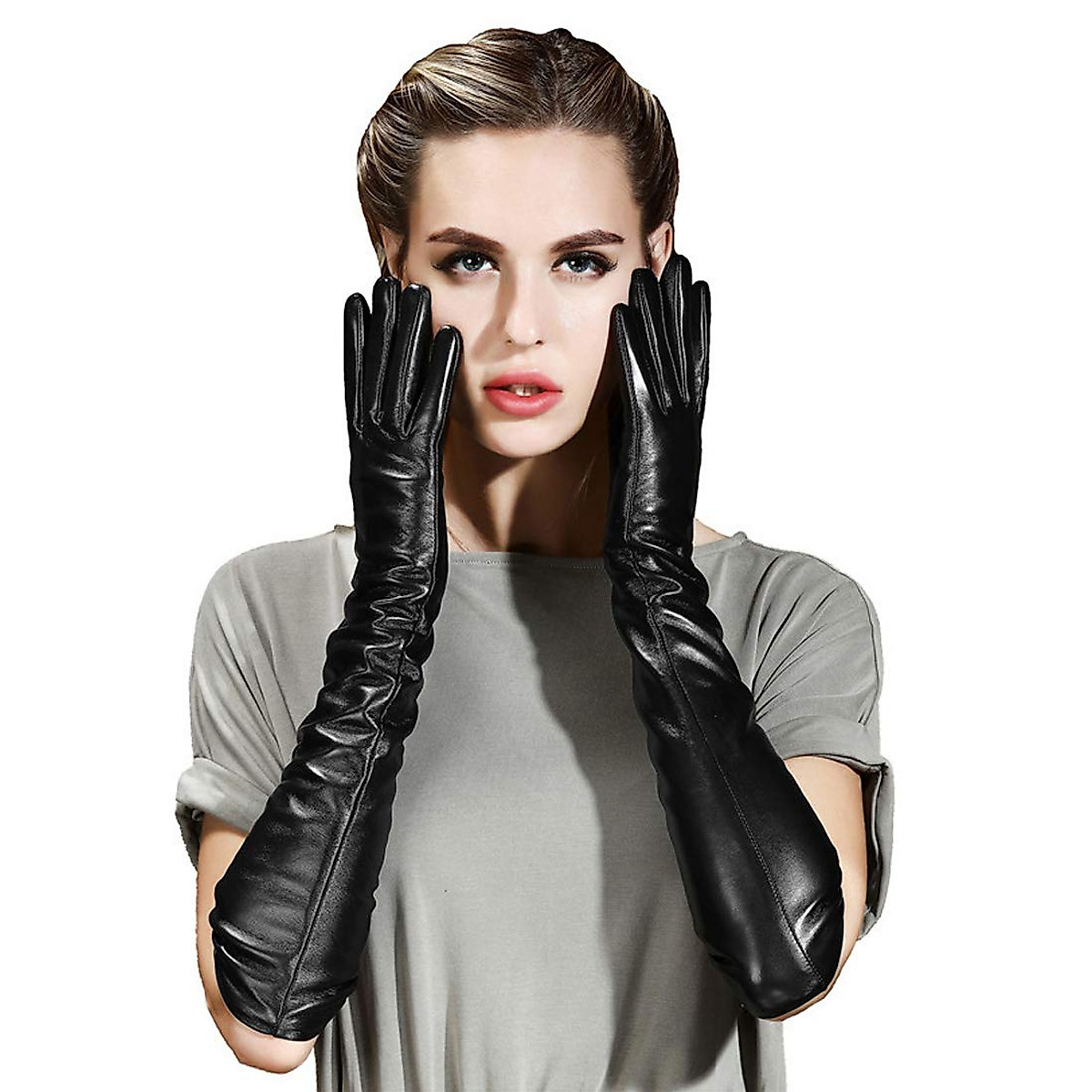 QECEPEI Womens Long Leather Gloves Touchscreen Texting Opera Evening Dress Driving Gloves Sikly Liner L, 19.6"/50cm