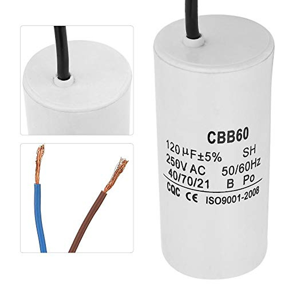 CBB60 Capacitor, 250V AC 120uF 50/60Hz Motor Start Run Capacitor, with Wire , for Air Conditioners, Compressors, Motors