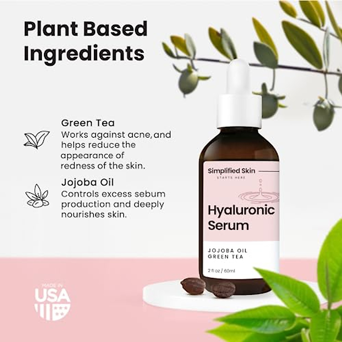 Hyaluronic Acid Serum for Face - Hydrating Serum with Jojoba Oil, Green Tea & Vitamin C - Deeply Moisturizing Hyaluronic Serum for Smooth, Plumping & Youthful Skin - Anti Aging Face Serum - 2 Fl Oz