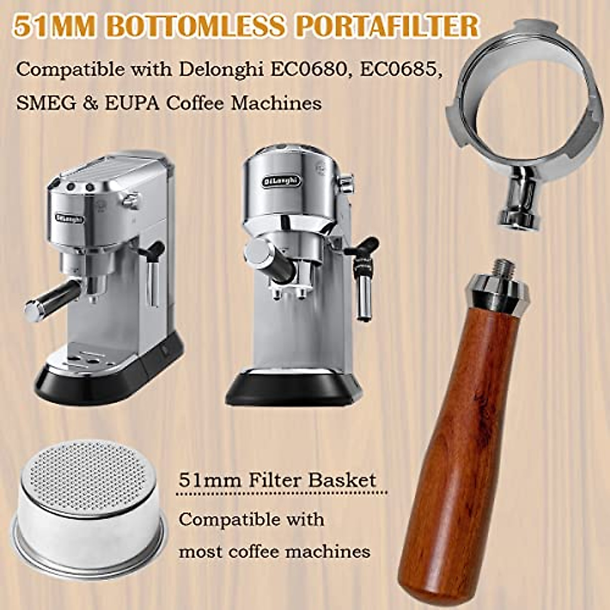 EGNic 51mm Bottomless Portafilter 3 Ears Compatible with Delonghi EC680, EC685, SMEG & EUPA Coffee Machines, Stainless Steel Espresso Naked Portafilter with Filter Basket & Wooden Handle