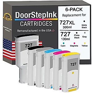 DoorStepInk Remanufactured in The USA Ink Cartridge Replacements for HP 727 300ml Matte Black, 130ml Photo Black CMYG 6PK for Printers DesignJet T1500 T2500 T920 T930