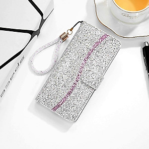 Guppy Bling Wallet Case Compatible with iPhone 14 Plus, PU Flip Blocking Wallet with Wrist Strap Magnetic Closure Built-in Kickstand Protective Case - Silver