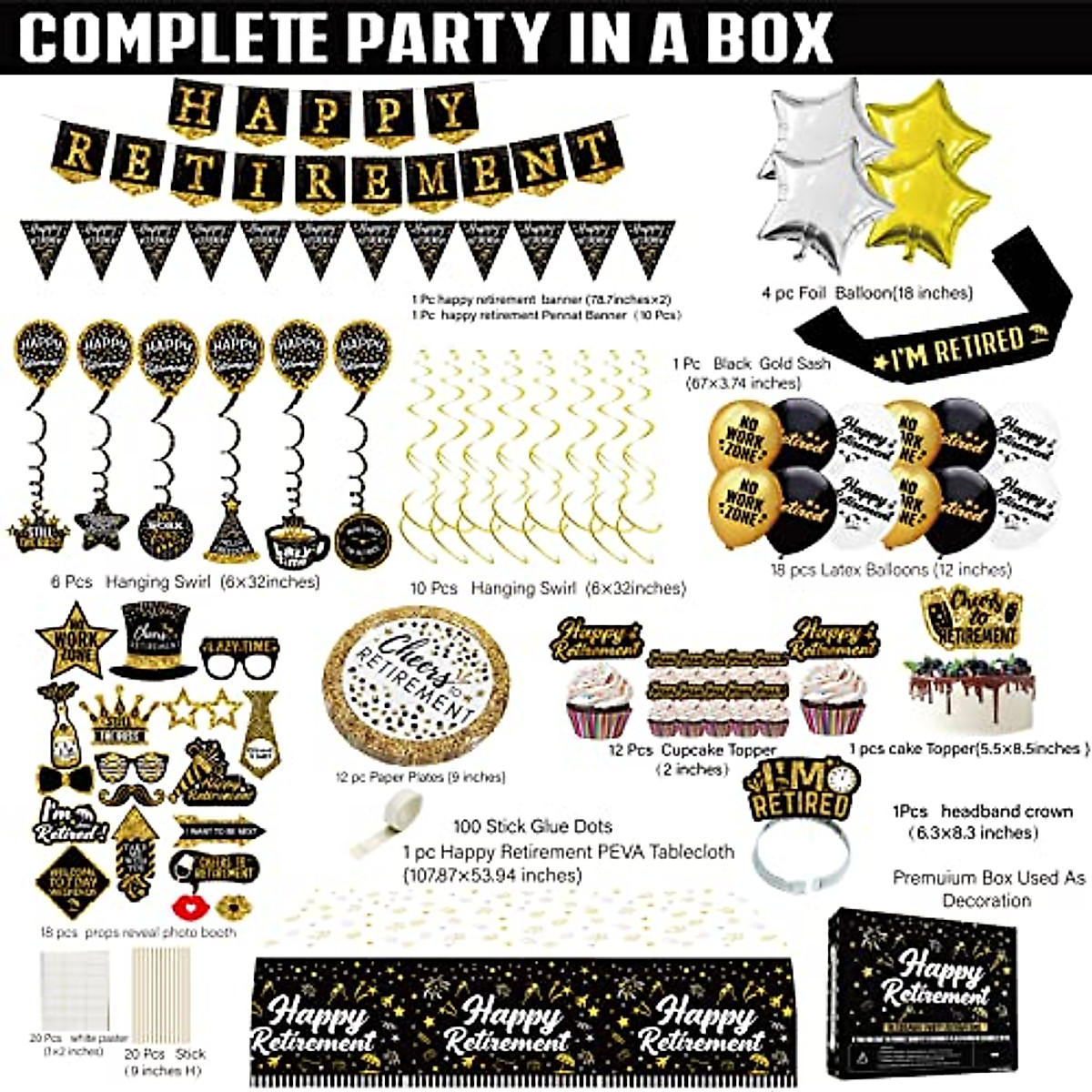 Happy Retirement Party Decorations supplies - (80pack) black gold party Banner, Pennant, Hanging Swirl, retirement balloons, Tablecloths, cupcake Topper, Crown, plates, Photo Props, retired Sash