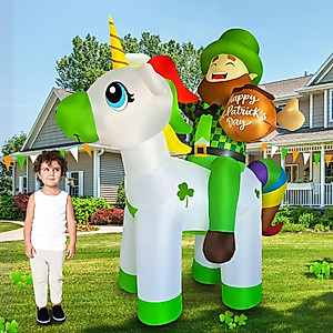 BLOWOUT FUN 6ft Inflatable St Patricks Day Leprechaun Riding Unicorn Decoration LED Blow Up Lighted Decor Indoor Outdoor Holiday Art Decor