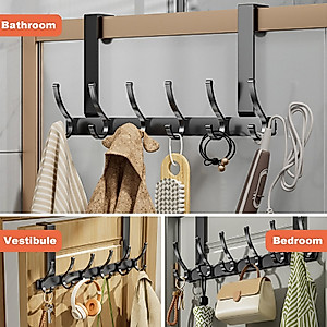 Walbest Over Door Storage Rack with 5/6/7 Hooks, Punch Free Over The Door Hooks, Heavy Duty Carbon Steel Door Back Hooks, Mount Hanging Coat Towel Bag Hat Scarf Organizer Rack Hanger Black 7 Hooks